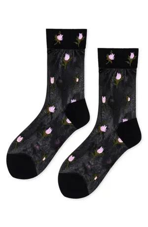 Hansel From Basel Rosebud Sheer Crew Socks - Black