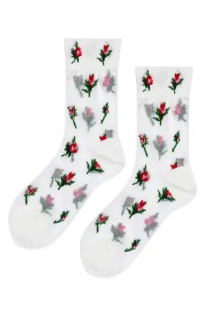Hansel From Basel Rosebud Sheer Crew Socks - White