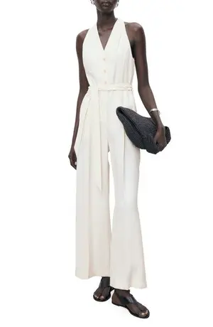 Mango Sleeveless Tie Waist Jumpsuit - Ecru
