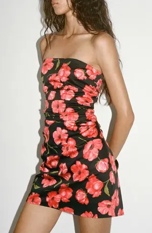 Mango Floral Strapless Mini Dress