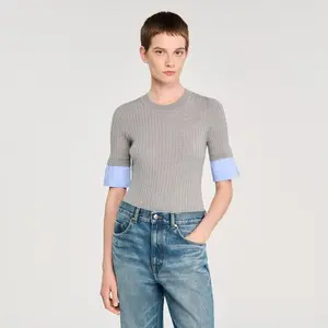 Sandro Fine Rib Knit Sweater With Poplin Inserts