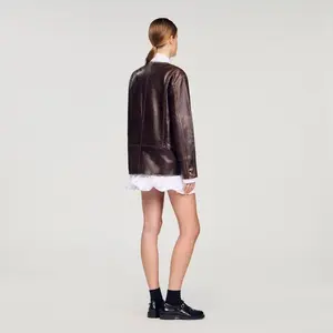 Sandro Long Distressed Leather Jacket - Black Brown