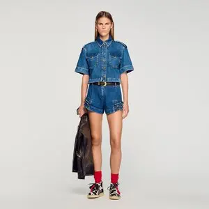 Sandro Flared Denim Ruffle Shorts - Blue Jean