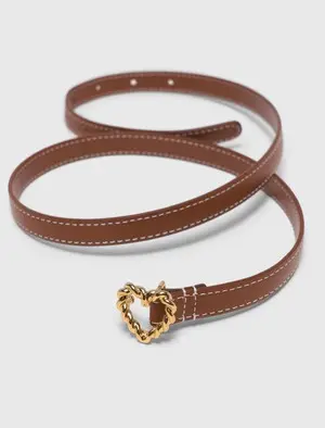 Maje Slim Leather Belt With Gold Heart Detail - Camel