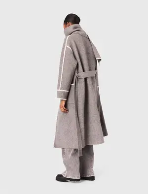 Maje Wool Double-faced Long Coat With Scarf - Grey/white