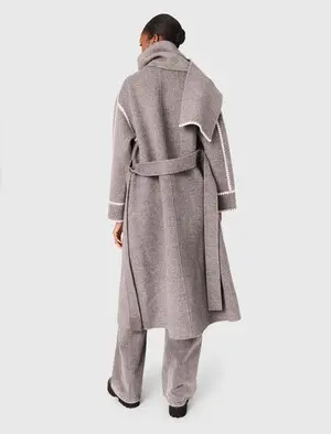 Maje Wool Double-faced Long Coat With Scarf - Grey/white