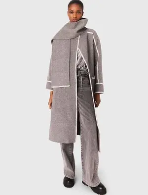 Maje Wool Double-faced Long Coat With Scarf - Grey/white