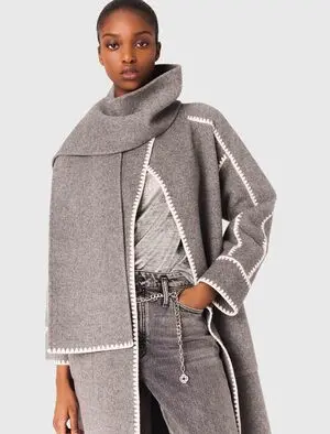 Maje Wool Double-faced Long Coat With Scarf - Grey/white