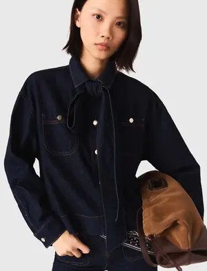Maje Denim Jacket With Lavallière Collar - Navy