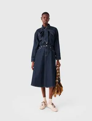 Maje Denim Jacket With Lavallière Collar - Navy