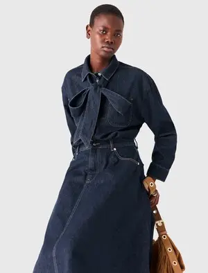 Maje Denim Jacket With Lavallière Collar - Navy