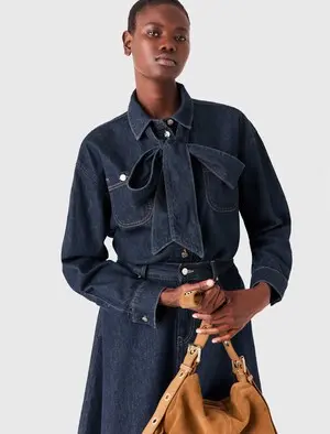 Maje Denim Jacket With Lavallière Collar - Navy