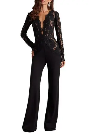 Tadashi Shoji Mixed Media Plunge Neck Long Sleeve Jumpsuit - Black/beige