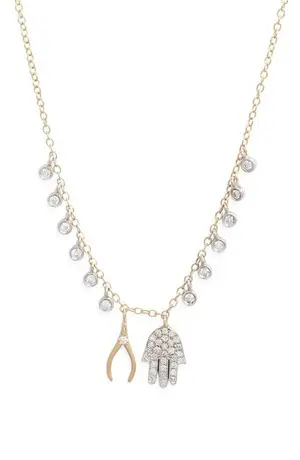 Meira T Wishbone Hamsa Diamond Charm Necklace - Yellow