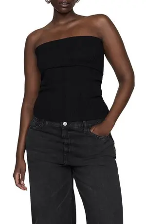 Mango Strapless Ribbed Top - Black
