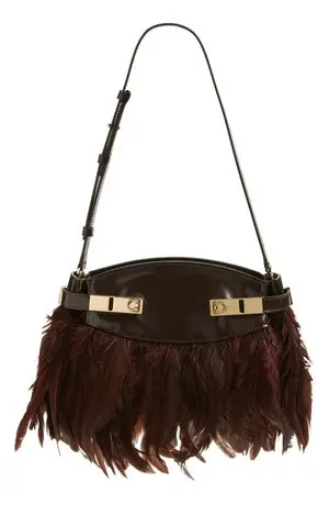 FERRAGAMO Hug Leather Clutch With Ostrich Feathers - Testa Di Moro