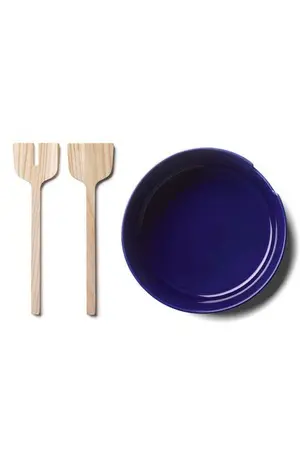 LSA Collective Salad Glass Bowl With Wooden Servers - Blue