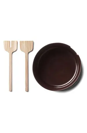 LSA Collective Salad Glass Bowl With Wooden Servers - Brown/mocha