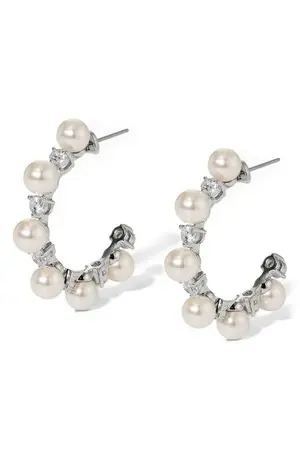 Nadri Cubic Zirconia & Faux Pearl Hoop Earrings - Rhodium