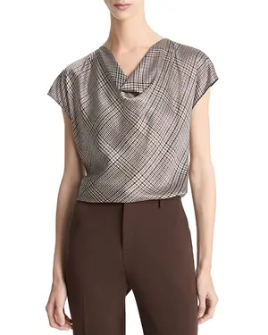 Vince Pressed Plaid Cowlneck Silk Top - Multi Plaid