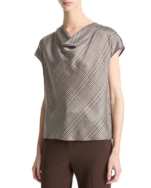 Vince Pressed Plaid Cowlneck Silk Top - Multi Plaid