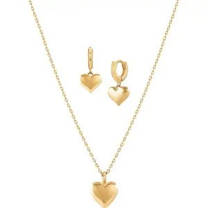 BEARFRUIT JEWELRY 14k Plated Puffed Heart Necklace And Huggies Set - Gold