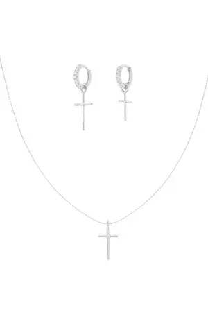 BEARFRUIT JEWELRY Sterling 18k Plated Ariel Cross Necklace And Mismatched Earrings Set - Silver