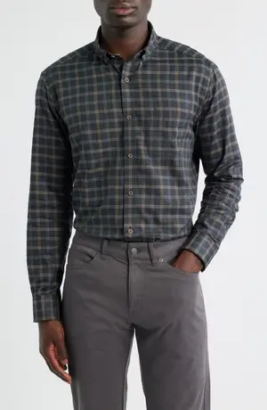 Johnston & Murphy Plaid Heathered Cotton Button-up Shirt - Charcoal/tan Grid Check