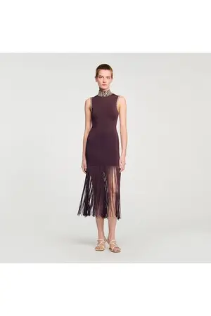 Sandro Fringed Knit Midi Dress - Brown