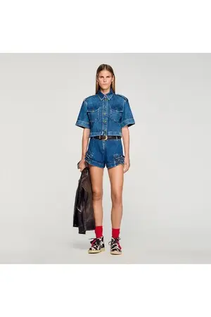 Sandro Ruffled Denim Flared Shorts - Blue