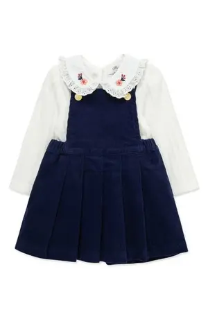 LITTLE ME Collared Shirt & Pleated Skirted Overalls Set - Blue/white