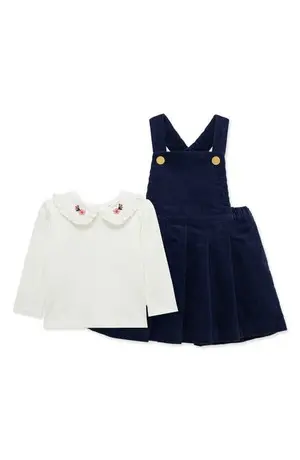 LITTLE ME Collared Shirt & Pleated Skirted Overalls Set