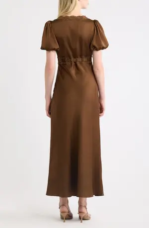 Moon River Puff Sleeve Lace Trim Maxi Dress