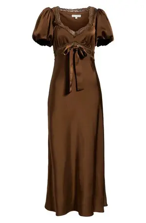 Moon River Puff Sleeve Lace Trim Maxi Dress