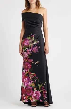 Eliza J Placed Floral One-shoulder Gown - Black Multi