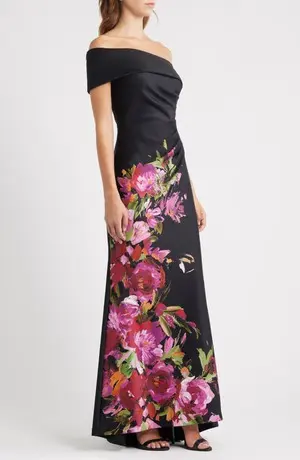 Eliza J Placed Floral One-shoulder Gown - Black Multi