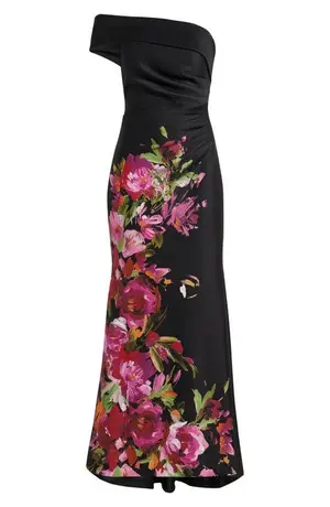 Eliza J Placed Floral One-shoulder Gown - Black Multi