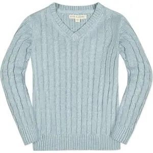 HOPE & HENRY Organic Long Sleeve Cable V-neck Sweater - Dusty Blue Heather Cable