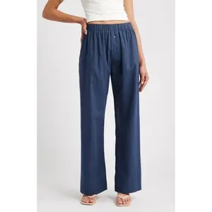 ARTLESS FOREVER Pull-on Linen & Cotton Wide Leg Pants - Navy Blue