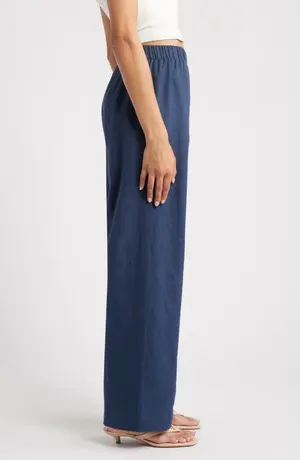 ARTLESS FOREVER Pull-on Linen & Cotton Wide Leg Pants - Navy Blue