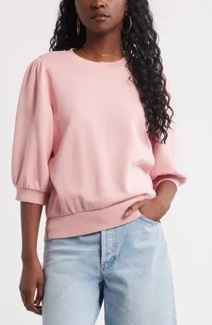 Treasure & Bond Puff Sleeve Crewneck Sweatshirt - Pink Beauty