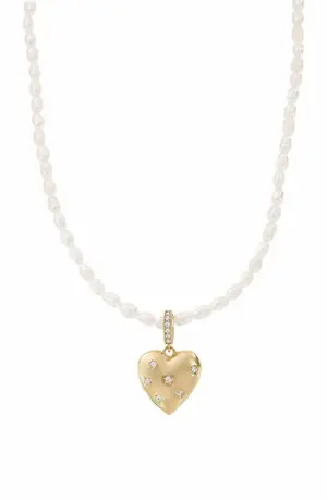 BEARFRUIT JEWELRY Cultured Pearl Necklace With Heart Shaped Charm Pendant - Gold