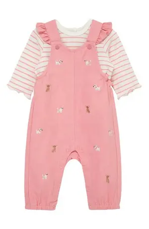 LITTLE ME Puppies Embroidered Overalls & T-shirt Set - Pink
