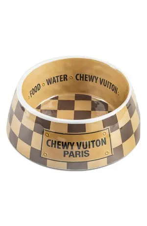 HAUTE DIGGITY DOG Checker Chewy Vuiton Pet Bowl - Brown Tan