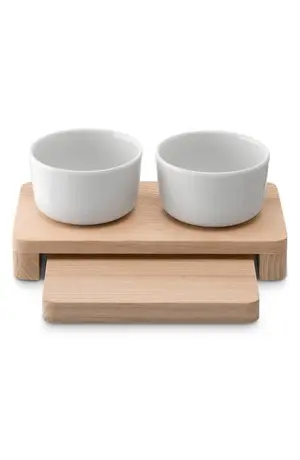 LSA Collective Set Of 2 Porcelain Bowls & Wood Stand Set - White