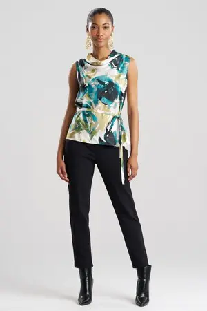 Natori Mira Silk Twill Belted Funnel Neck Top