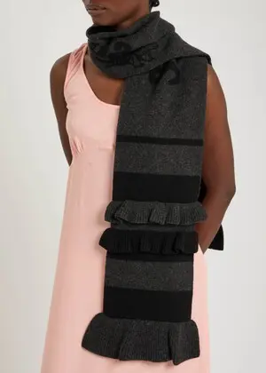 Simone Rocha Striped Ruffle-trimmed Wool-blend Scarf - Black