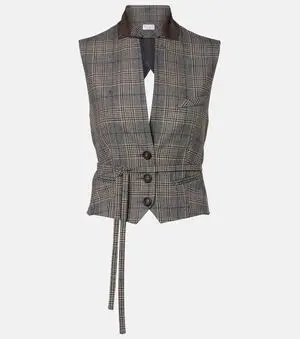 Brunello Cucinelli Belted Checked Virgin Wool Vest - Grey