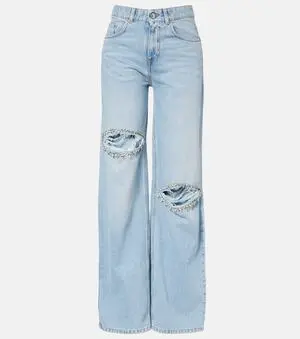 AREA Distressed Embellished Wide-leg Jeans - Blue