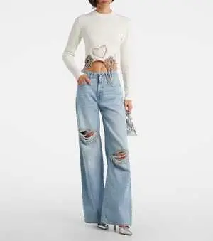 AREA Distressed Embellished Wide-leg Jeans - Blue